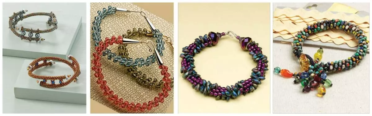 Ang Interweave nga tindahan adunay makaiikag nga kumihimo pattern downloads. Gikan sa wala: Giputos nga Kumihimo Bangle, Kumihimo Crystal Bracelet, Edgy Kumihimo Bracelet, ug Kumihimo Splash Bracelet.