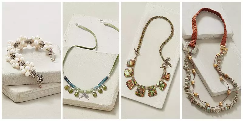 ខ្សែដៃ Pearl Blossom, ខ្សែក Mermaid Splash Necklace, Blarney Stone Necklace និង Boho Braid Necklace
