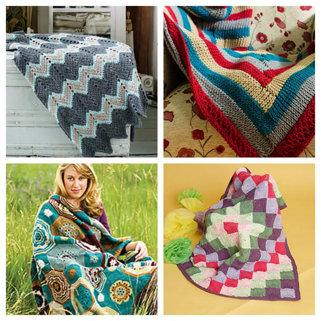 Crochet mittens ni ọna aago lati oke apa osi: Aegean Dreams Ju, Wọle Cabin Afghan Crochet Pattern, Magic Carpet Blanket, ati Moorish Mosaic Afghan.