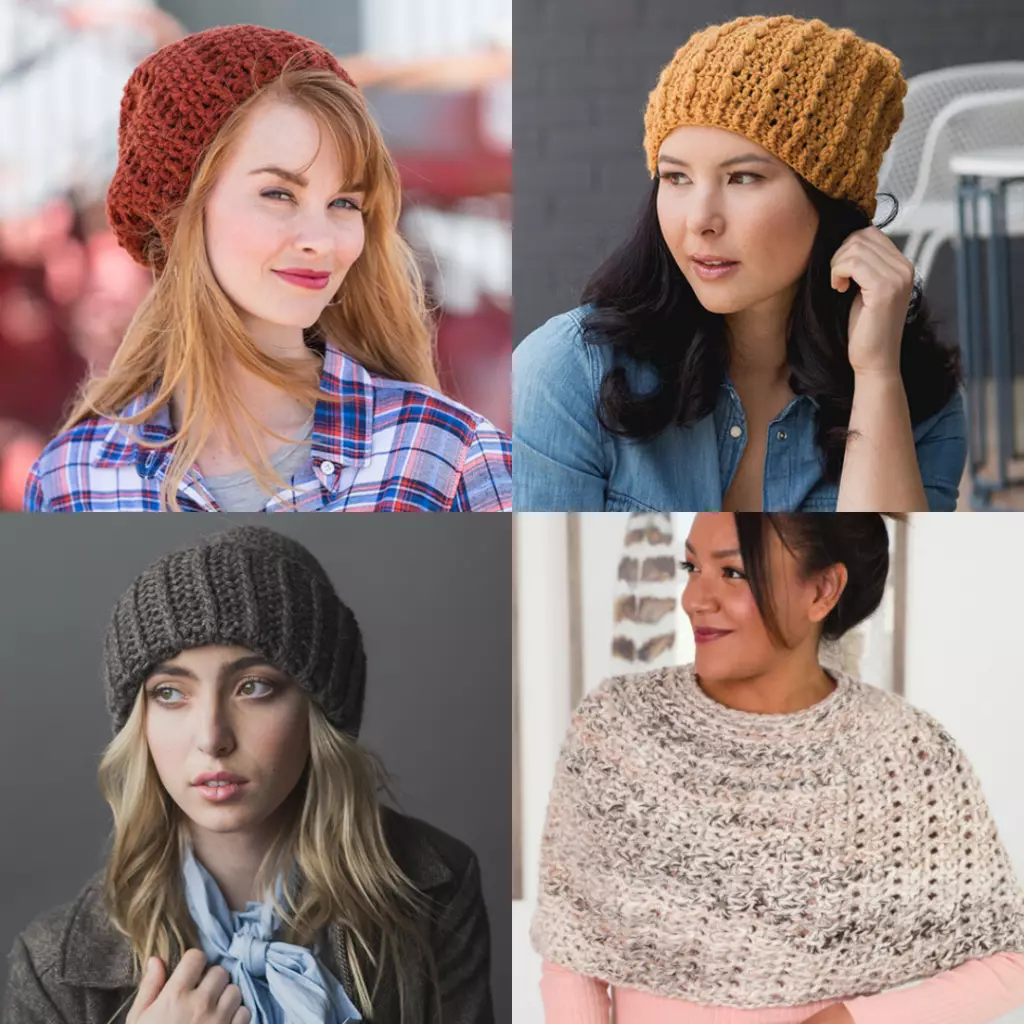 Hvordan ved du som begynderhækler, hvilket mønster du skal vælge? Vælg noget, der inspirerer dig. Med uret fra øverst til venstre: Pumpkin Pie Slouchy Hat, Coriander Puff Hat, Peace Poncho og Hibernation Hat.