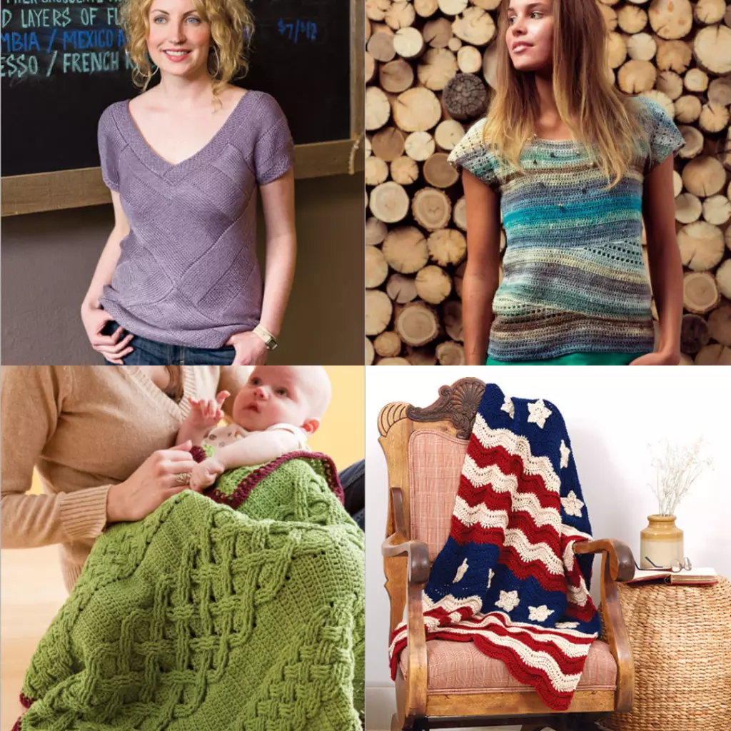 Dizze haakpatroanen binne tiidleaze top 20's. Mei de klok mei fan linksboppe: Babette Blanket, Betty's Tunesian Tee, Convergence Top, Patriotic Waves Lapghan, en Solas Caomh Baby Blanket.