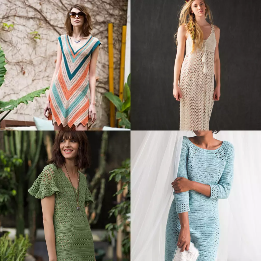 Dizze haakpatroanen binne tiidleaze top 20's. Mei de klok mei fan linksboppe: Seaside Dress, Jasmine Flower Dress, Tranquil House Dress en Jade Dress.