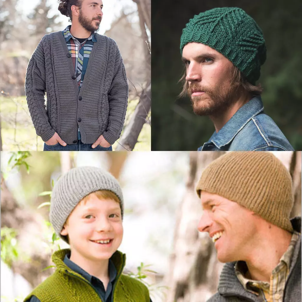 Ụdị crochet ụmụ nwoke na-ewu ewu nke ukwuu na 2020. Si n'elu aka ekpe gaa elekere anya: Temescal Cardigan, Whispering Pines Hat, na Best Guy Hat Ever.