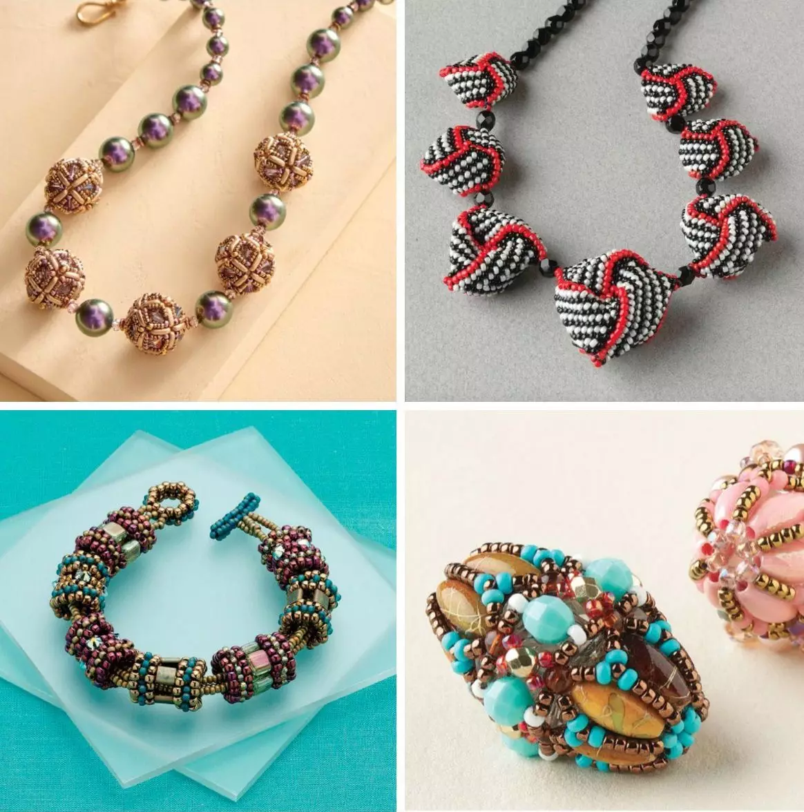 Maua le eBook 12 Beaded Bead Projects e Faia mo ni auala faufau e ta'alo ai i le fua. Fa'asolo i luga agavale: Ole asoa Bead Swirl na saunia e Diane Fitzgerald, Opulent Octahedron Necklace saunia e Cindy Holsclaw, Taulima Carousel saunia e Laura Andrews, ma Loko Fa'amea teuteu teuteu saunia e Maria Teresa Ferreira.