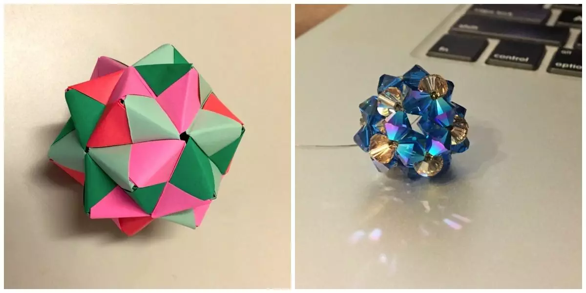 A sinistra: la mia palla origami da 30 pezzi, in cui ogni gruppo di cinque unità forma una stella pentagonale. A destra: il mio dodecaedro di 30 cristalli, in cui ogni gruppo di cinque perline forma un pentagono.