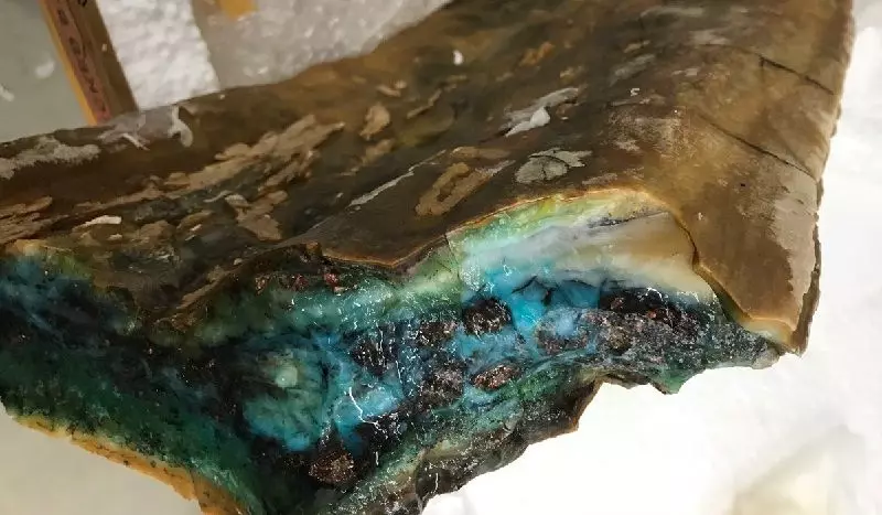 watu permata anyar panas: kayu petrified karo opal biru lan atos tembaga native saka Indonesia