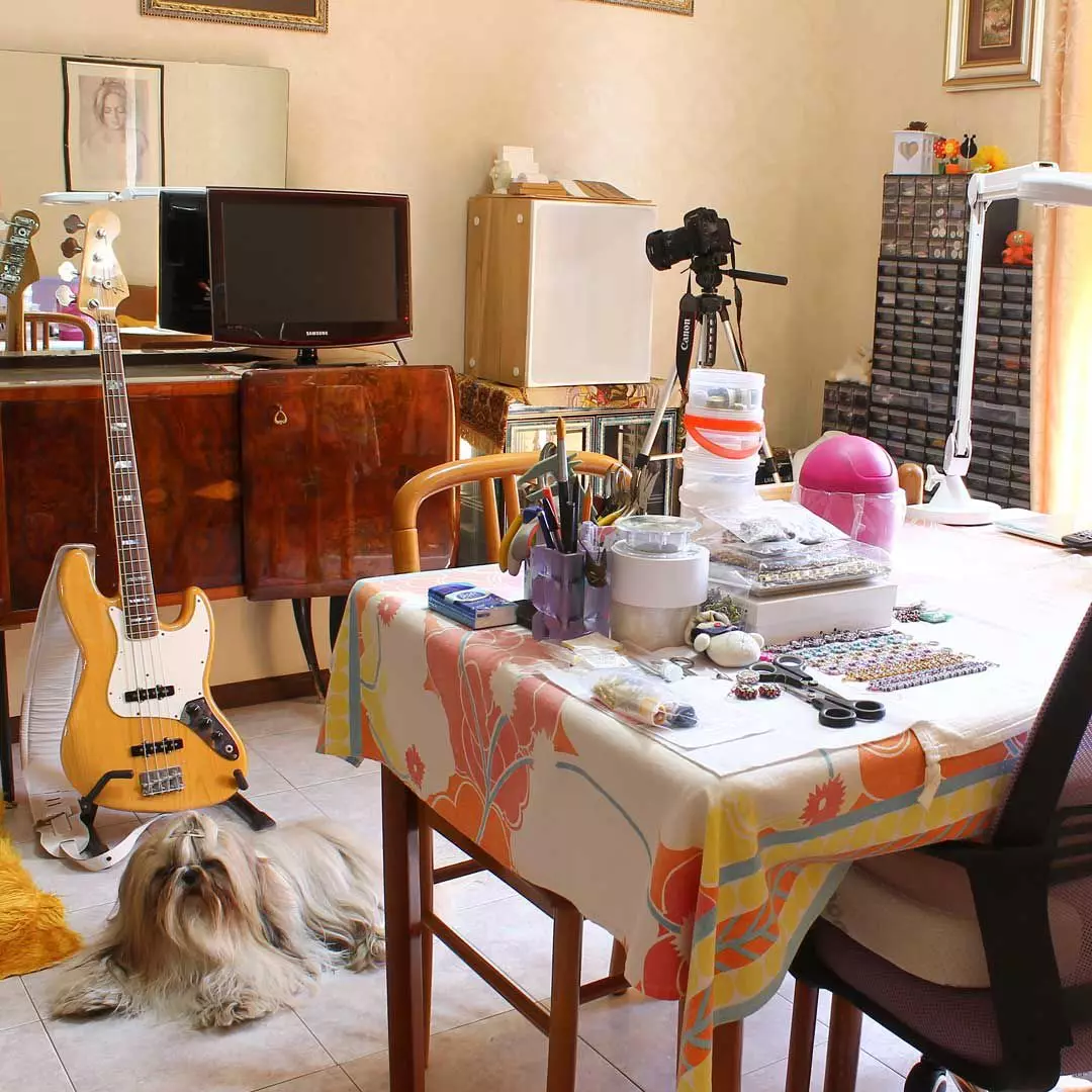 Дебора Ходоер ја користи својата трпезарија за монистра и одржување на гитара. Нејзиното куче, Шарден, е обожавател број еден на Дебора. (Фотографијата е дадена на Дебора Ходоер)