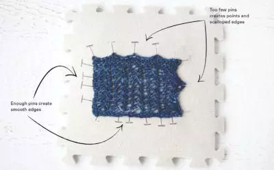 ब्लॉकिंग मैट और ब्लॉकिंग पिन के उपयोग को रोकने के लिए बुना हुआ कपड़ा तैयार करने का उदाहरण!