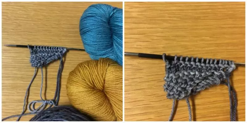 De eerste paar rijen van mijn Millcroft-sjaal (de turquoise en gele garens gluren door aan de rechterkant). Het ziet er nog niet uit, maar het wordt prachtig!