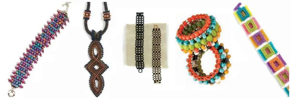 Fannt richteg-Wénkel Weben Beading Mustere fir dës lëschteg Projeten a méi am Interweave Store! Vu lénks op riets: Righteous Right-Angle Weave Bracelet, Ellipse Halskette, Cane-Back Bracelet, Hoopla!, a Calypso Squares Bracelet.