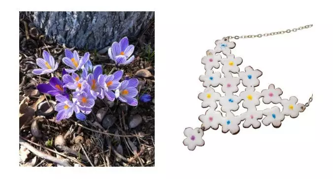 Tania McIntyre의 에나멜 빕 네크리스는 모든 흰색 꽃의 중앙에 색상 힌트를 제공합니다.