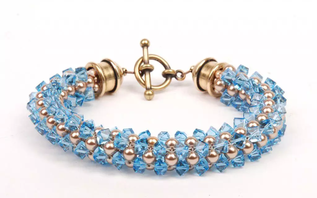 Bracciale Cubic ad angolo retto Weave, di Tammy Honaman. Perle di cristallo Swarovski e perline di cristallo Swarovski